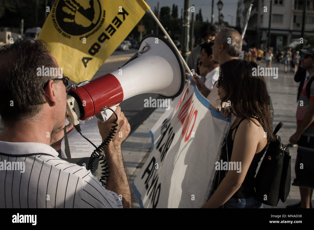 Athens, Greece. 15th May 2018. A leader protester seen shouting slogans ...