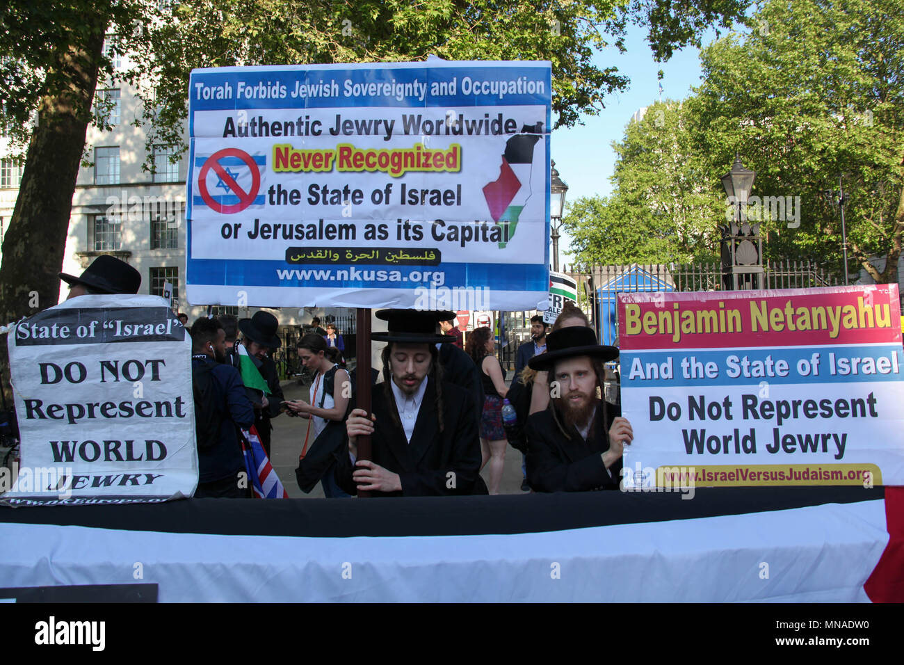 London, UK. 15th May 2018. Hasidic Jews protest the violence in Gaza ...
