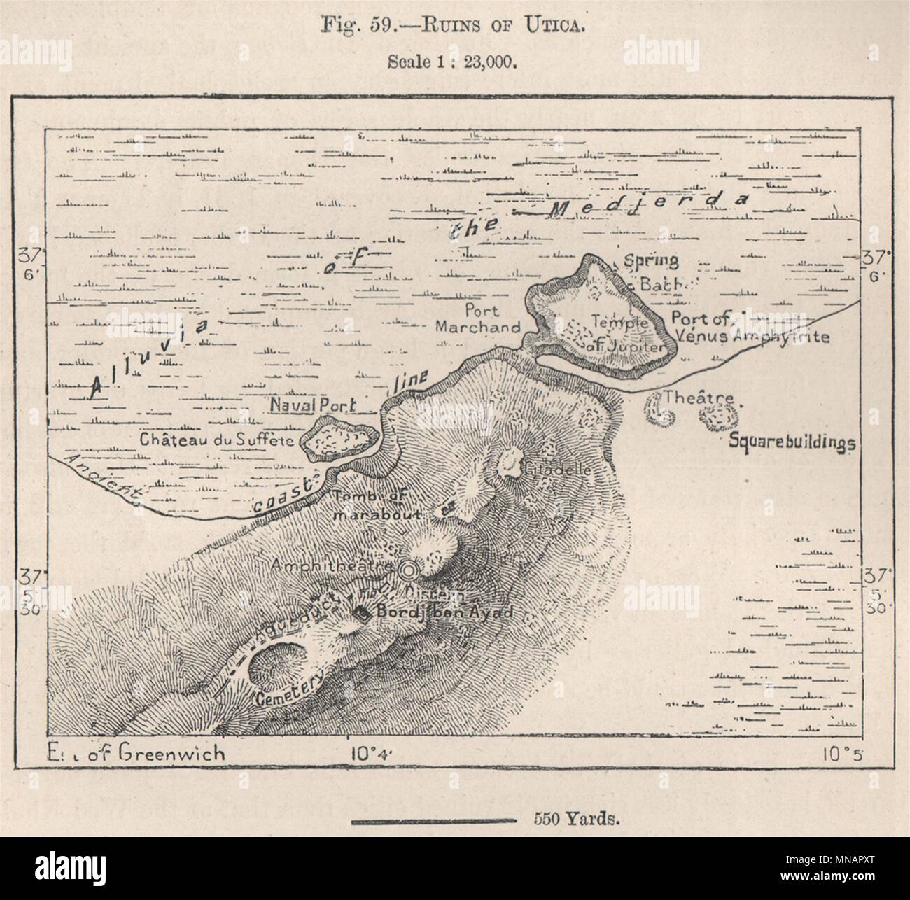 Roman ruins of Utica. Tunisia 1885 old antique vintage map plan chart ...