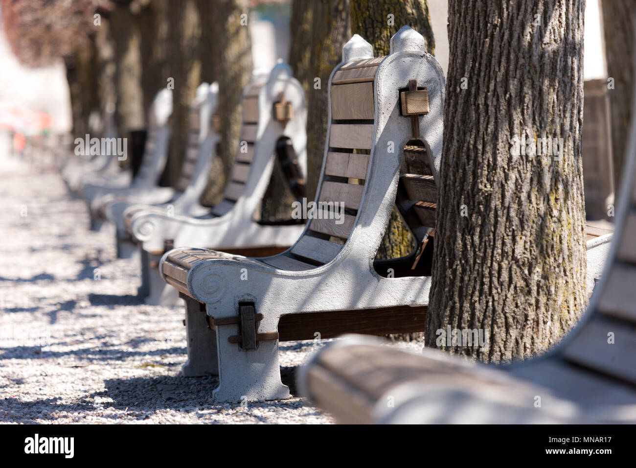 Park benches in a public park in Niagara Falls, Ontario, Canada Stock ...