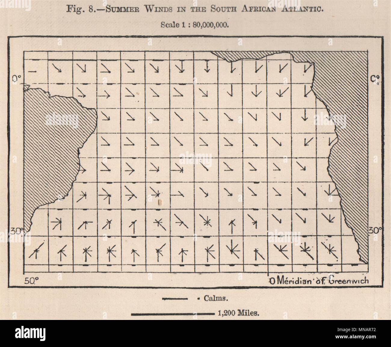 Summer Winds in the South African Atlantic. Atlantic Ocean 1885 old map ...