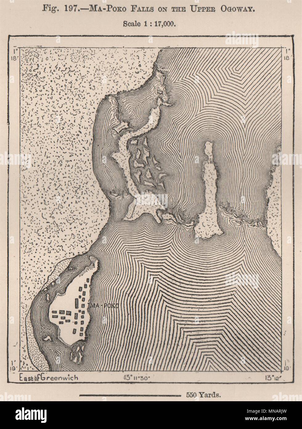 Ma-Poko (Kongou?) falls on the upper Ogooué (Ogowe) . Gabon 1885 old ...