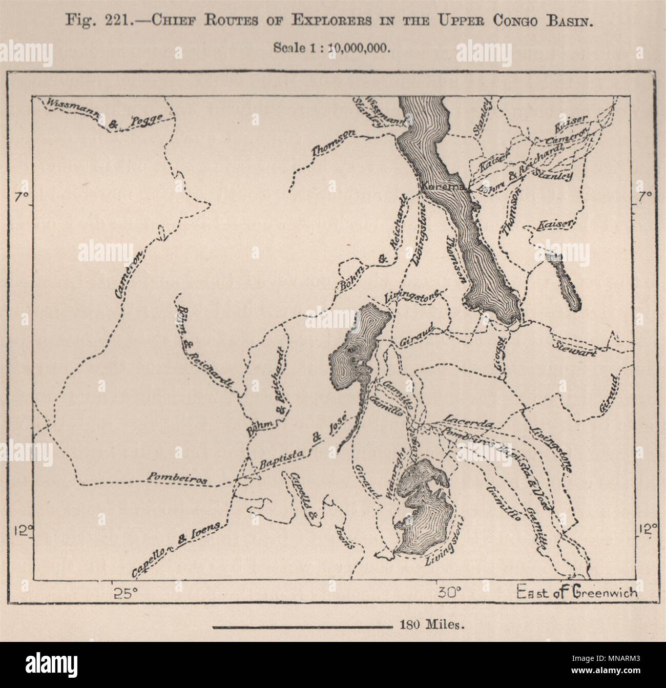 Chief routes of explorers in the upper Congo Basin. Africa 1885 old map ...