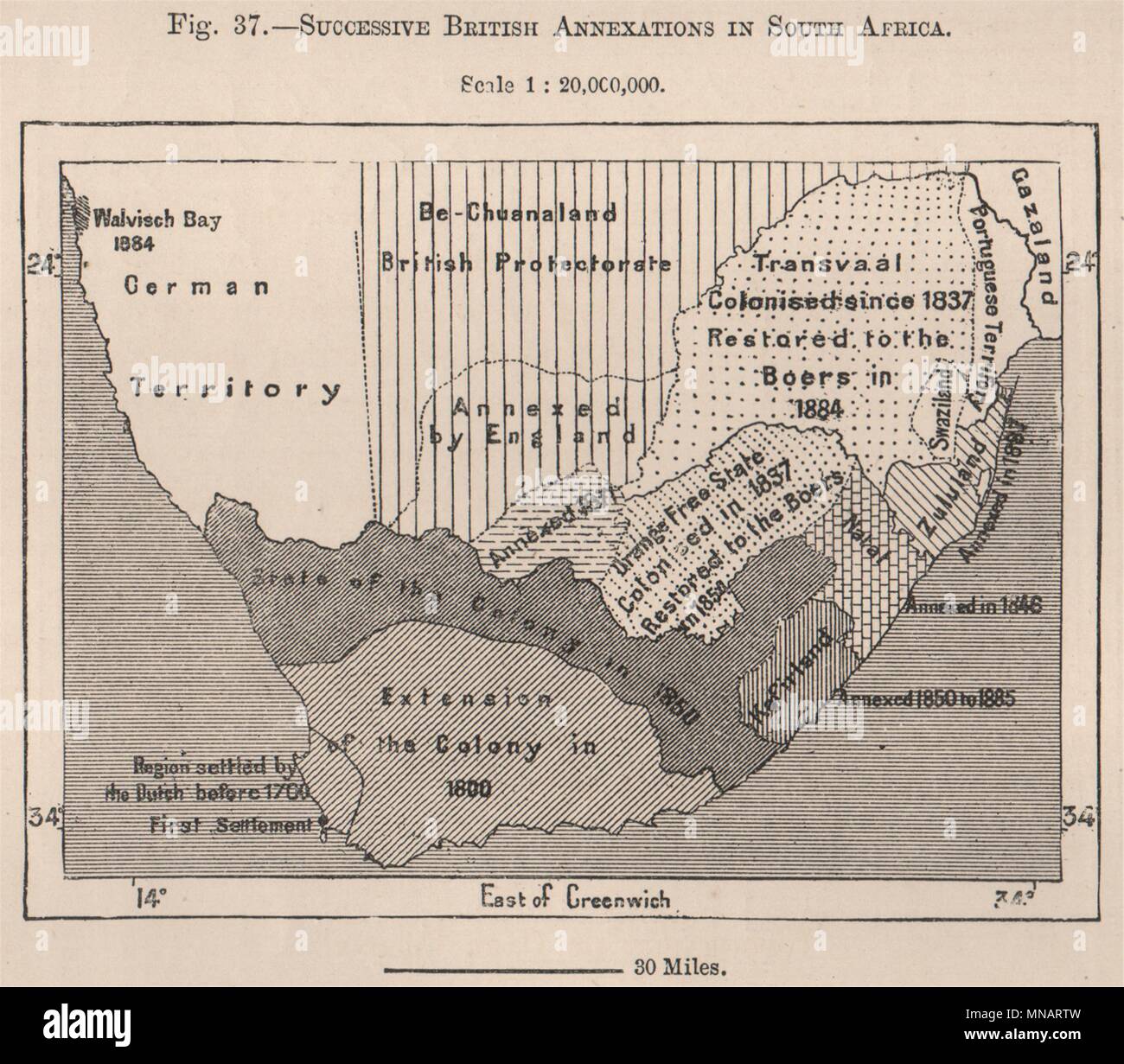 Successive British Annexations in South Africa. Cape Colony 1885 old ...