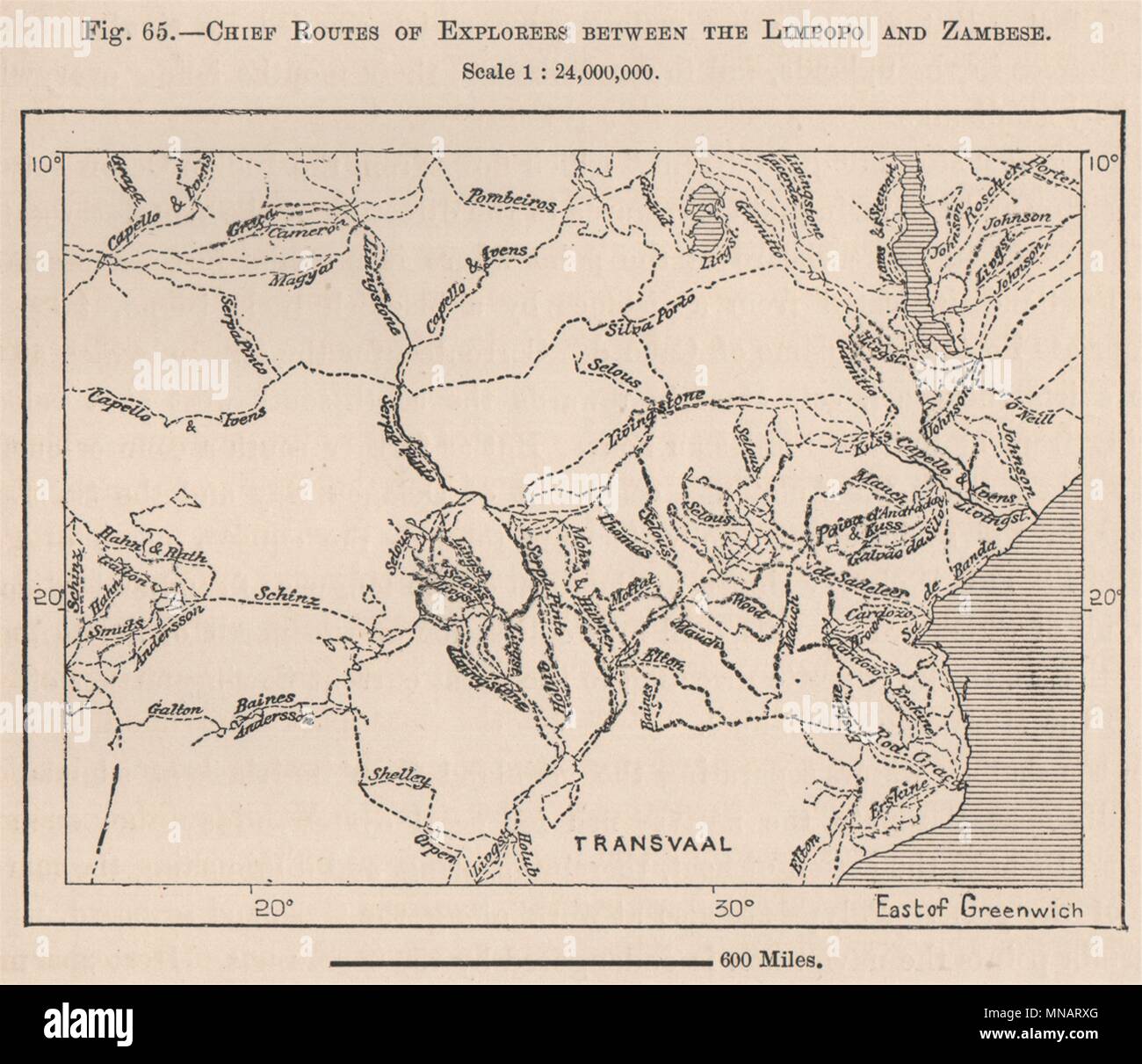 Chief routes of explorers between The Limpopo and Zambezi. Africa 1885 ...
