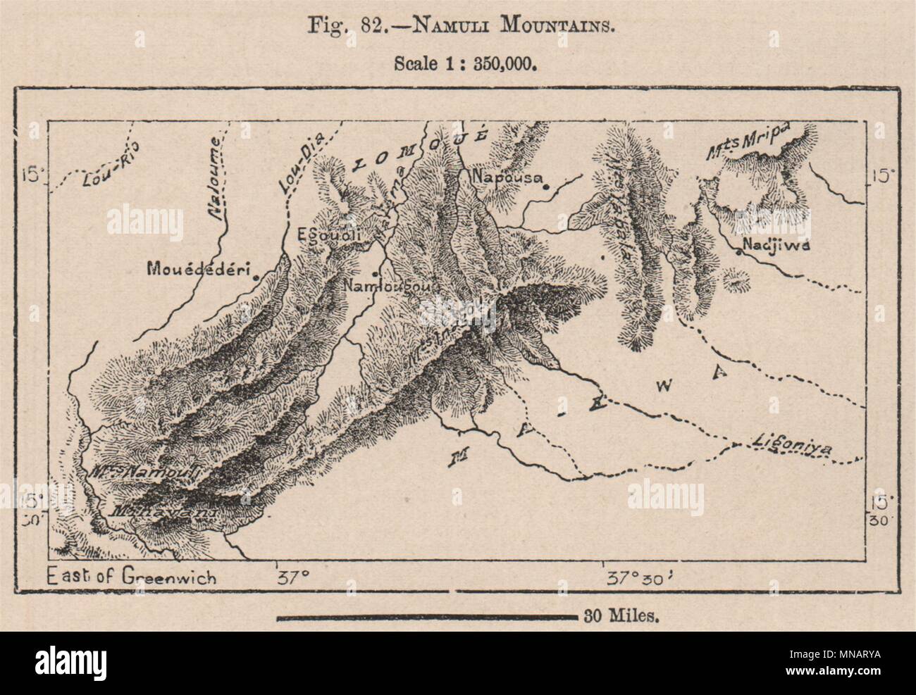 Namuli Mountains. Mozambique 1885 old antique vintage map plan chart ...
