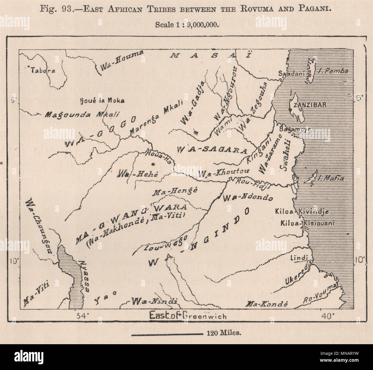 Tribes between the Ruvuma/Rovuma & Pagani rivers. Tanzania 1885 old map ...