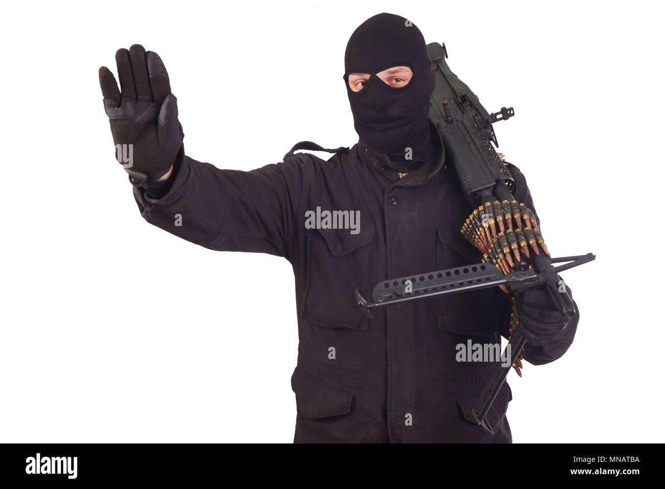 mercenary in black uniforms with machine gun Stock Photo - Alamy