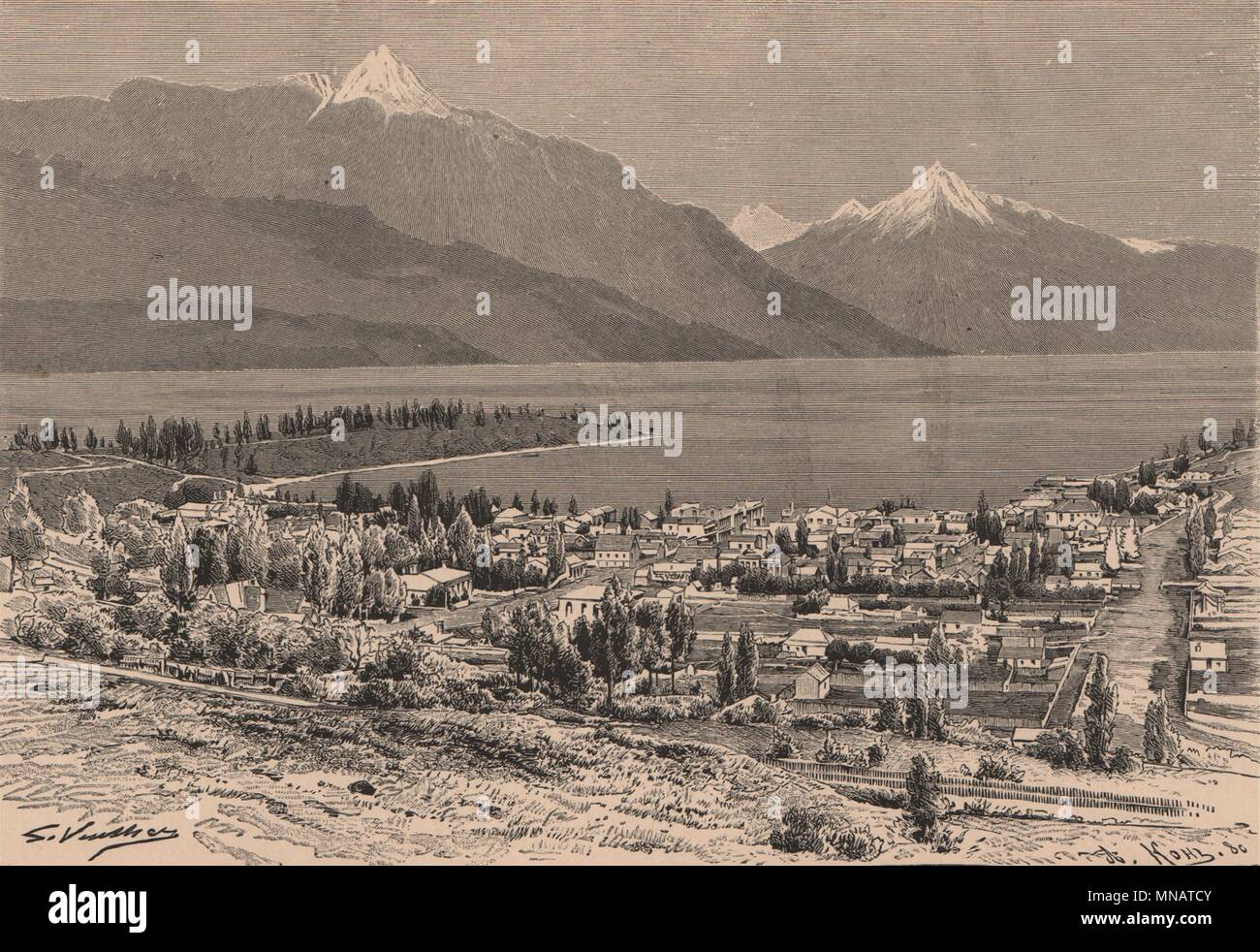 Queenstown and Lake Wakatipu. New Zealand 1885 old antique print ...