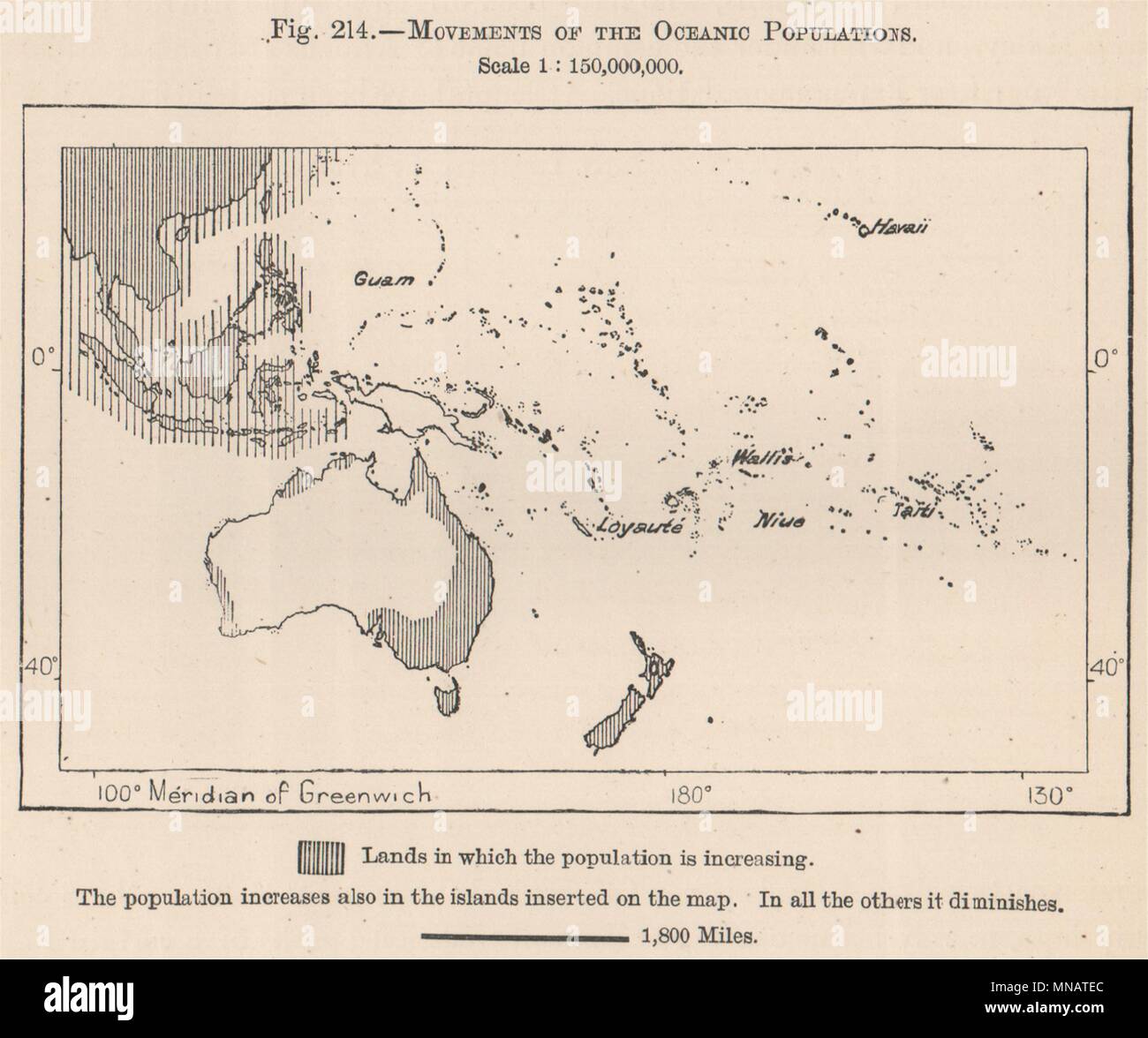 Movements of the Oceanic Populations. Oceania. Polynesia 1885 old ...