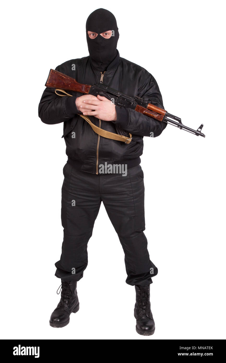robber in black uniform and mask with kalashnikov isolated Stock Photo ...