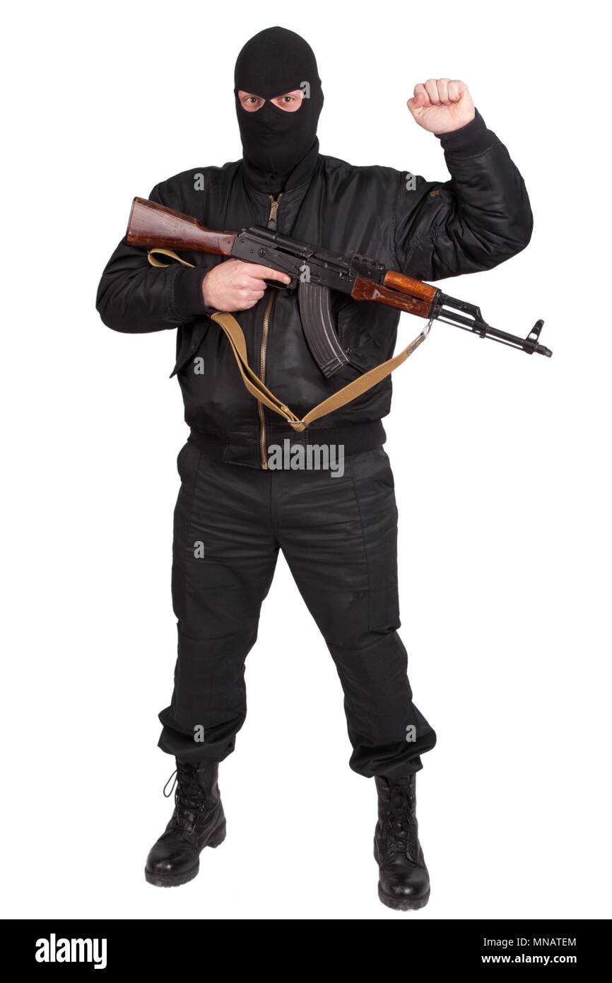 robber in black uniform and mask with kalashnikov isolated Stock Photo ...
