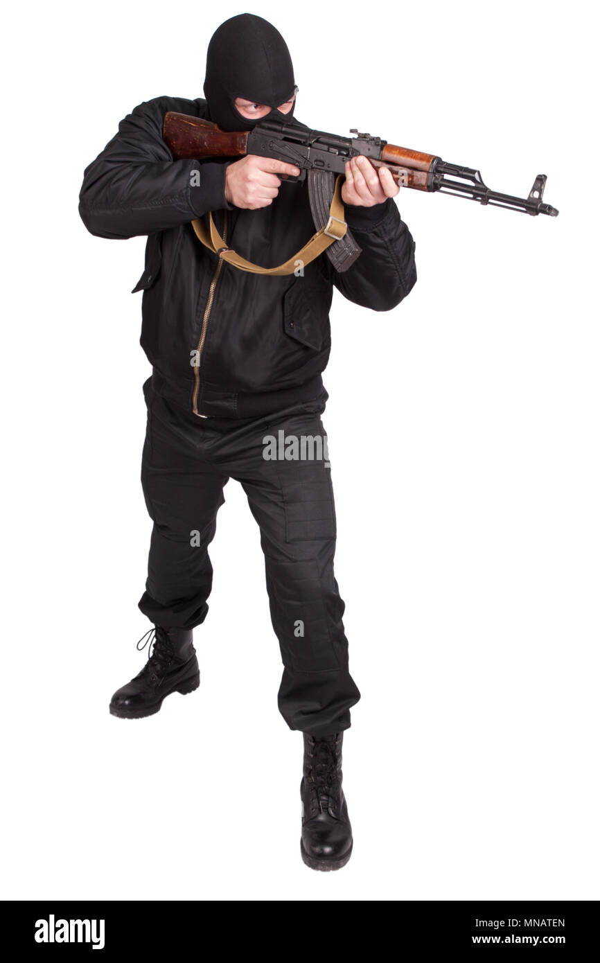 robber in black uniform and mask with kalashnikov isolated Stock Photo ...