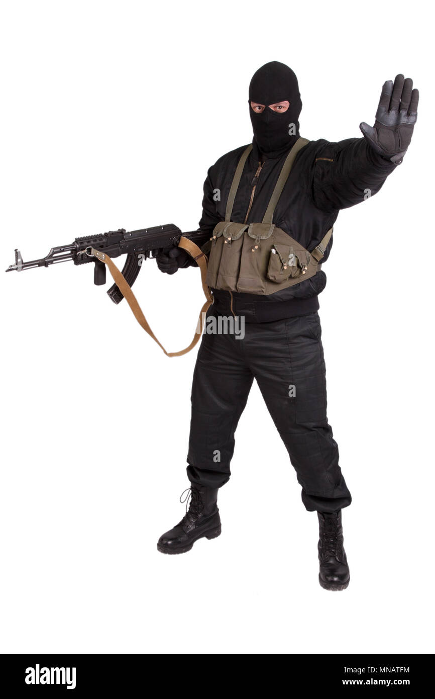 terrorist in black uniform and mask with kalashnikov isolated Stock ...