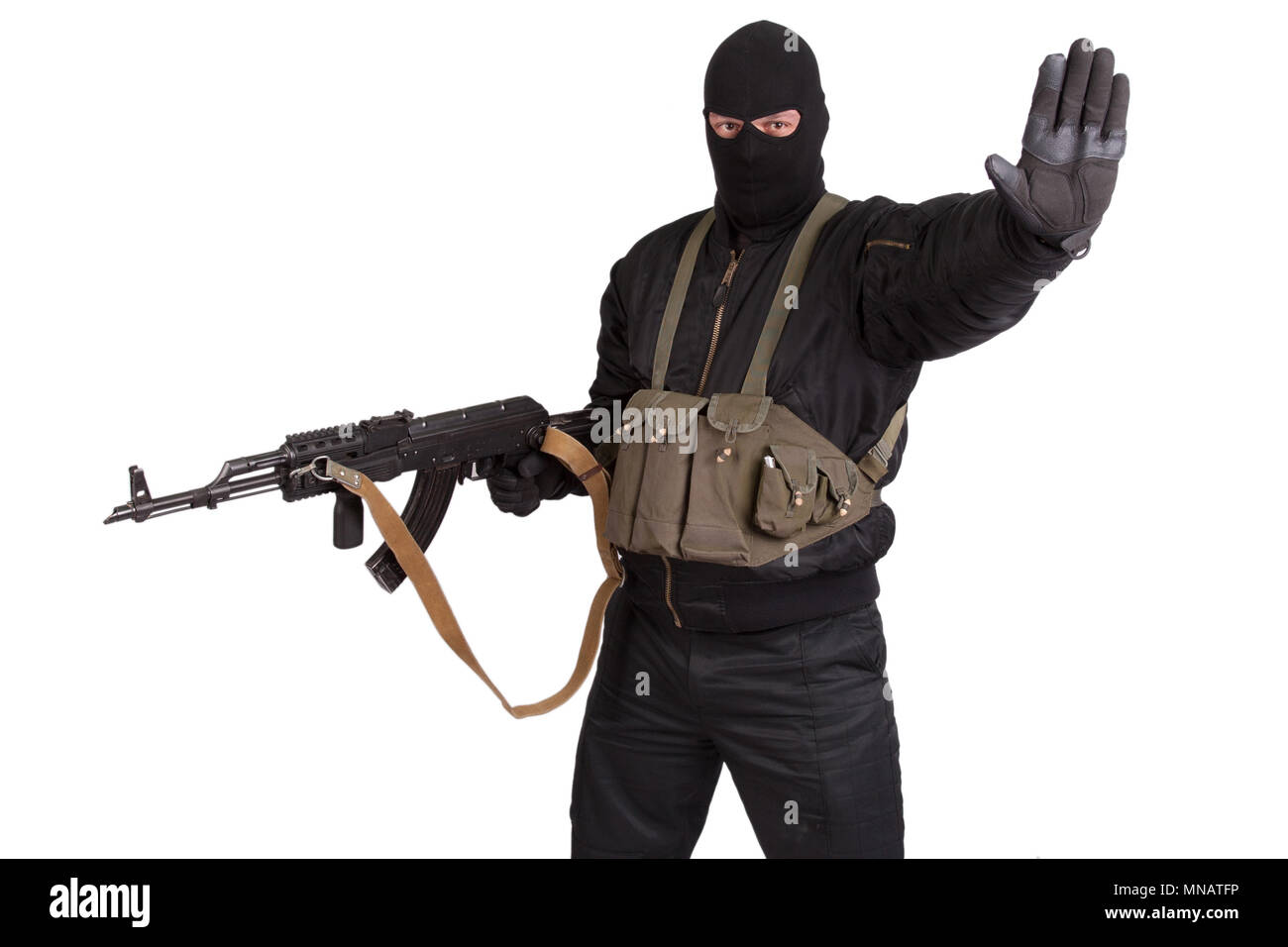 terrorist in black uniform and mask with kalashnikov isolated Stock ...