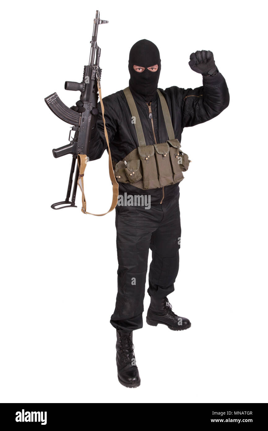 terrorist in black uniform and mask with kalashnikov isolated Stock ...