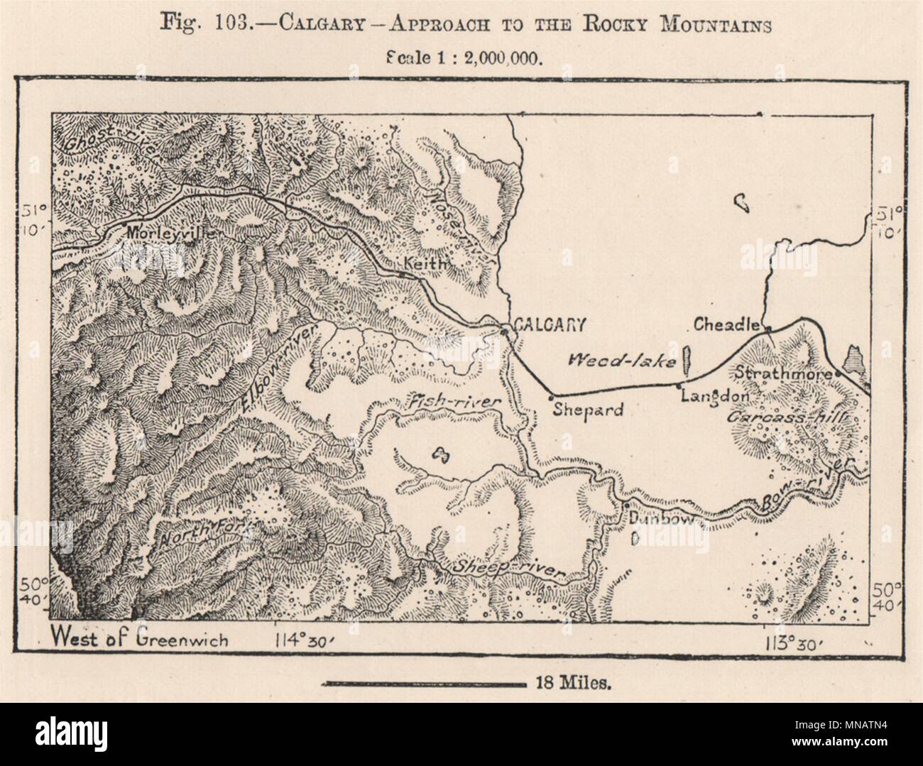 Calgary - approach to the Rocky Mountains. Canada 1885 old antique map ...