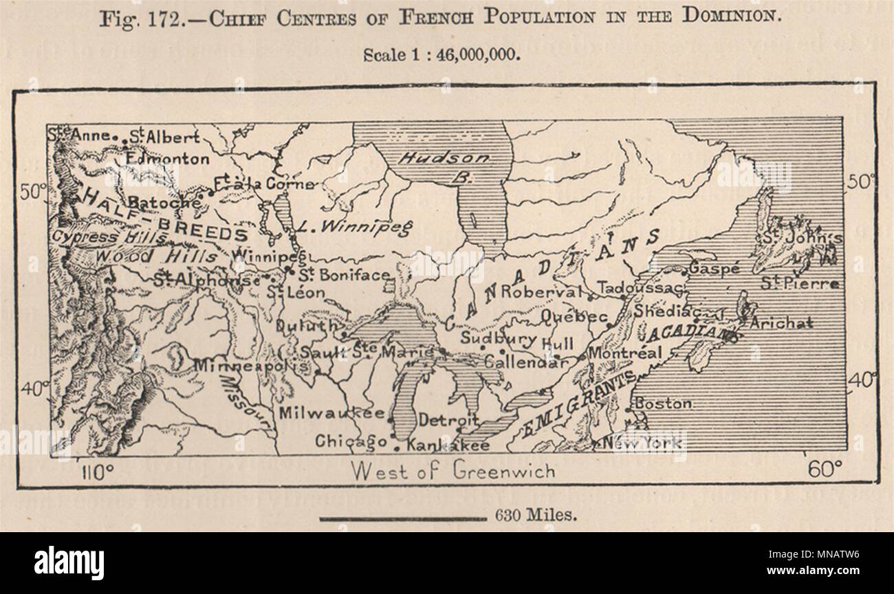 Chief centres of French population in the Dominion. Canada 1885 old map ...