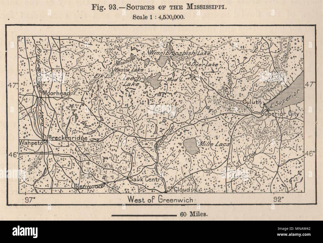 Sources of the Mississippi. Minnesota 1885 old antique vintage map plan ...