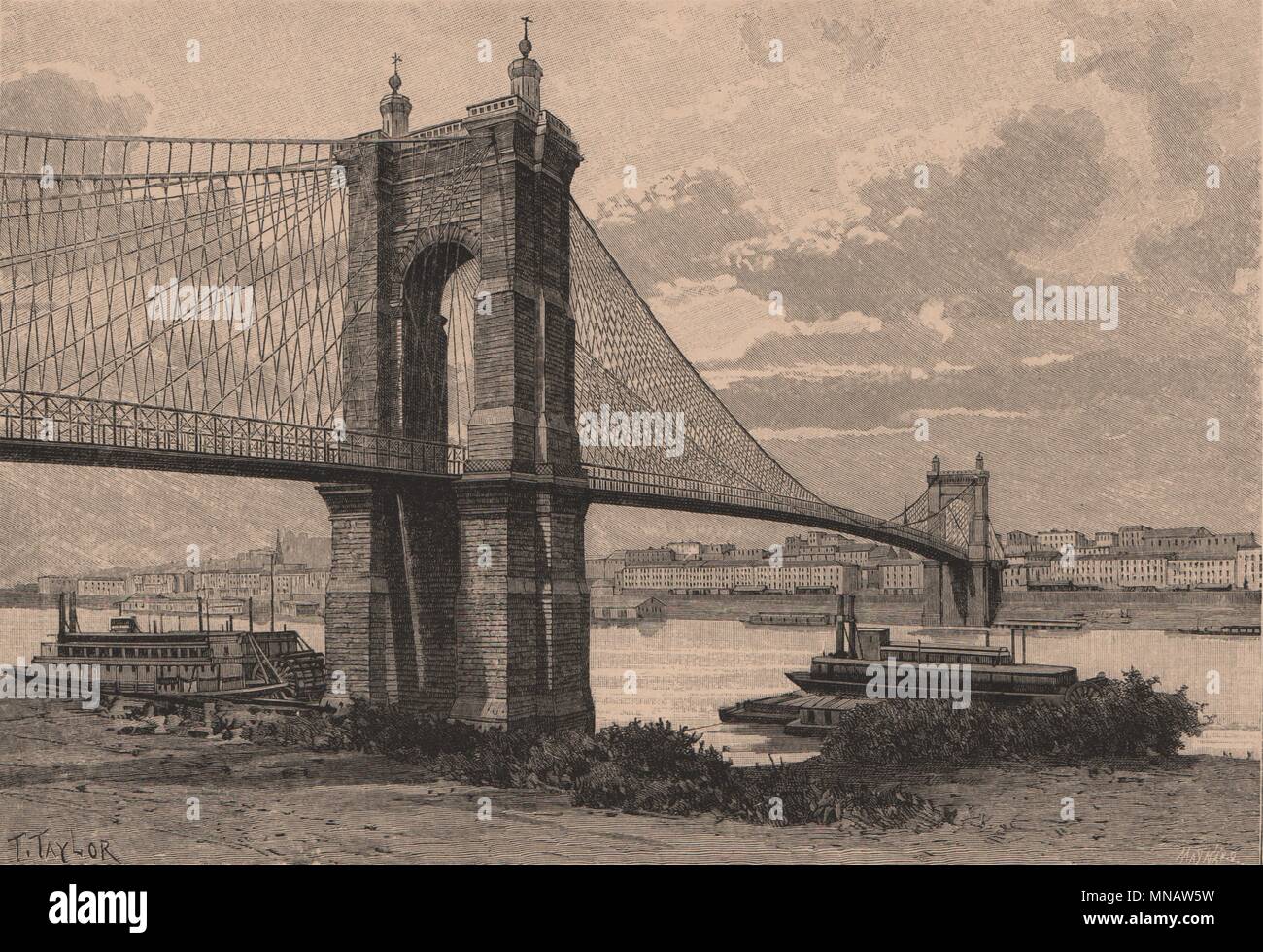 Cincinnati Bridge. Ohio 1885 old antique vintage print picture Stock ...
