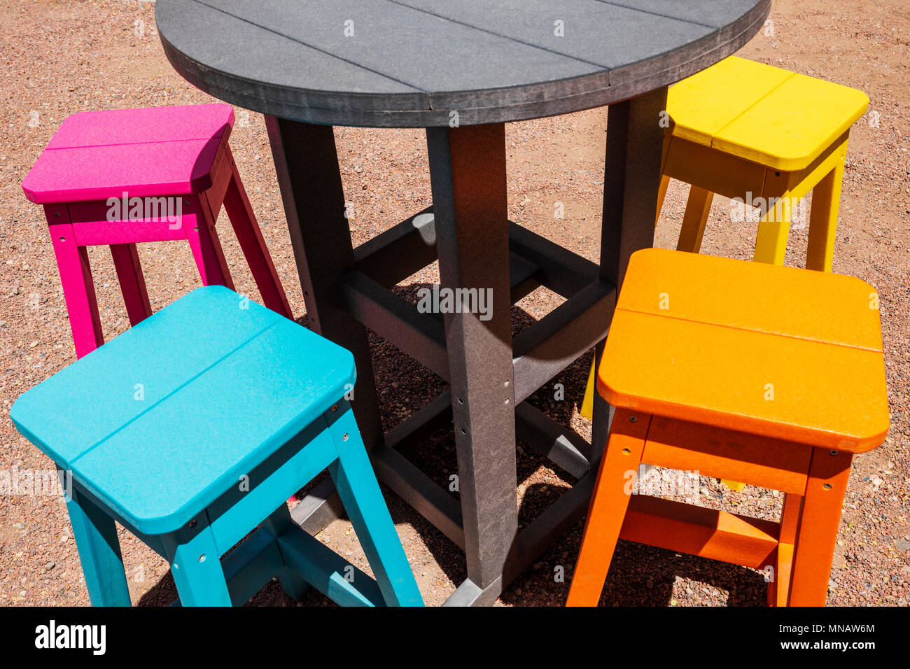 Colorful stools outside cafe; Boathouse Cantina; Salida; Colorado; USA ...
