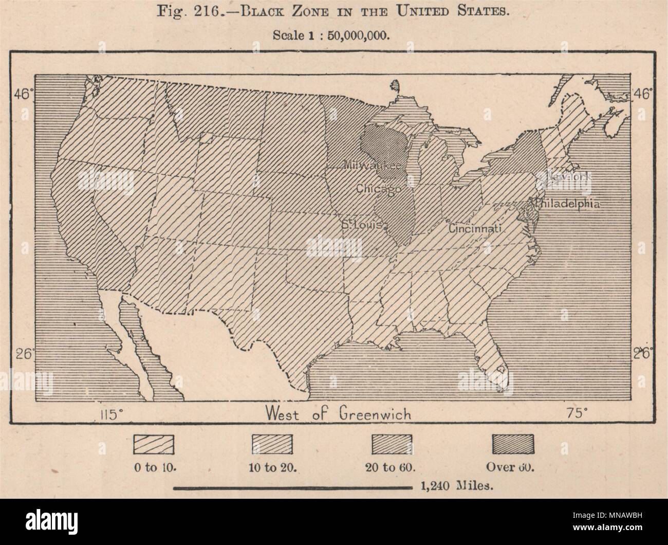 Black zone in the United States & population. USA 1885 old antique map ...