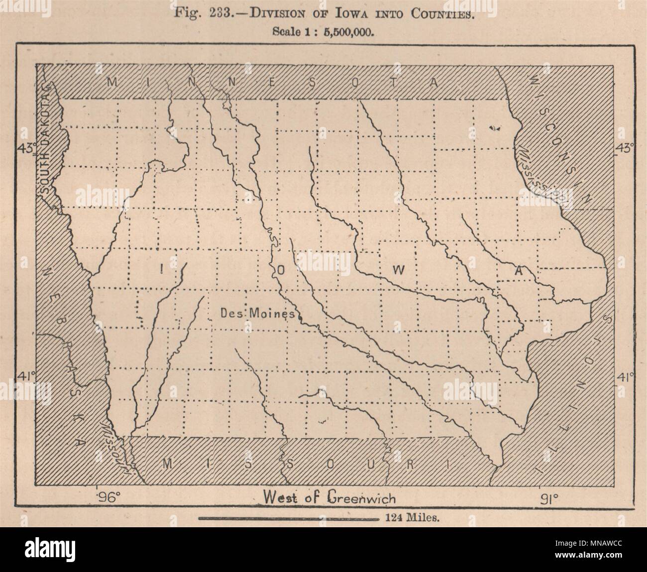 Division of Iowa into Counties. United States 1885 old antique map plan ...