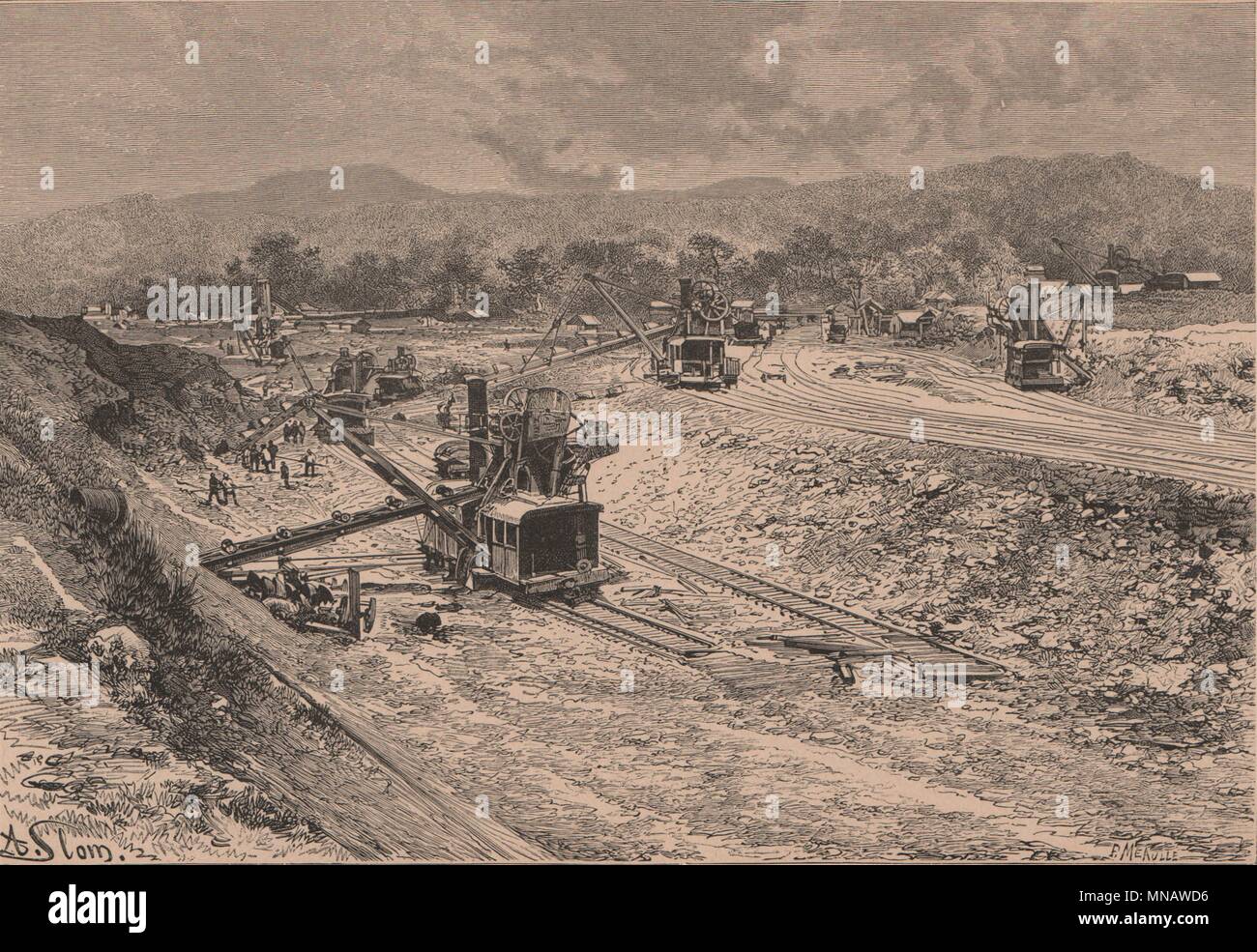 Panama canal cnstruction - View from the Culebra Cut 1885 old antique ...