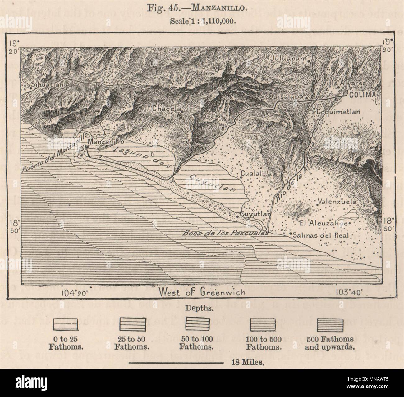 Manzanillo, Colima. Laguna de Cuyutlan. Mexico 1885 old antique map ...