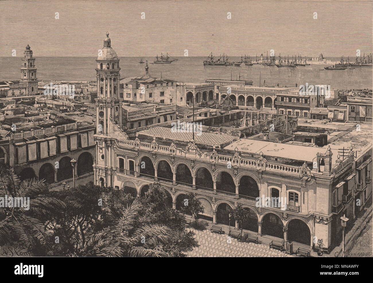 Veracruz and Castle of San Juan de Ulua/Ulúa. Mexico 1885 old antique ...