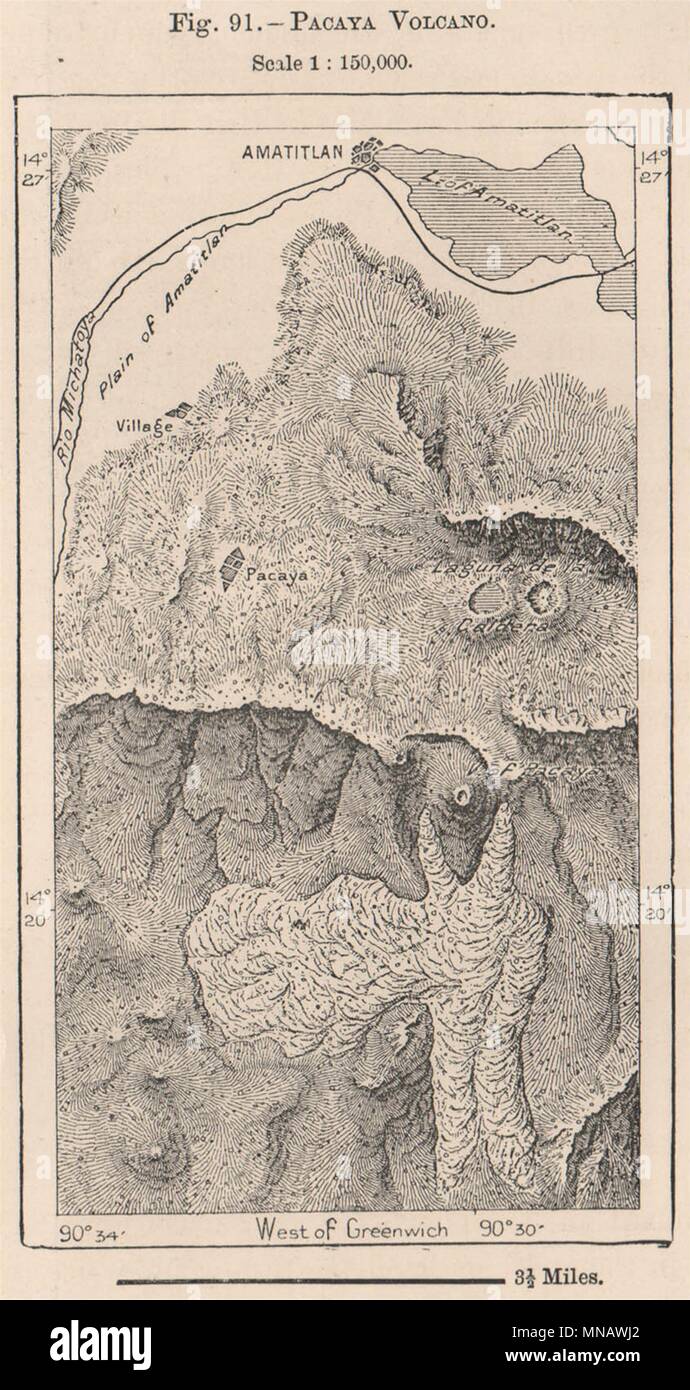 Pacaya Volcano. Guatemala. Central America 1885 old antique map plan ...