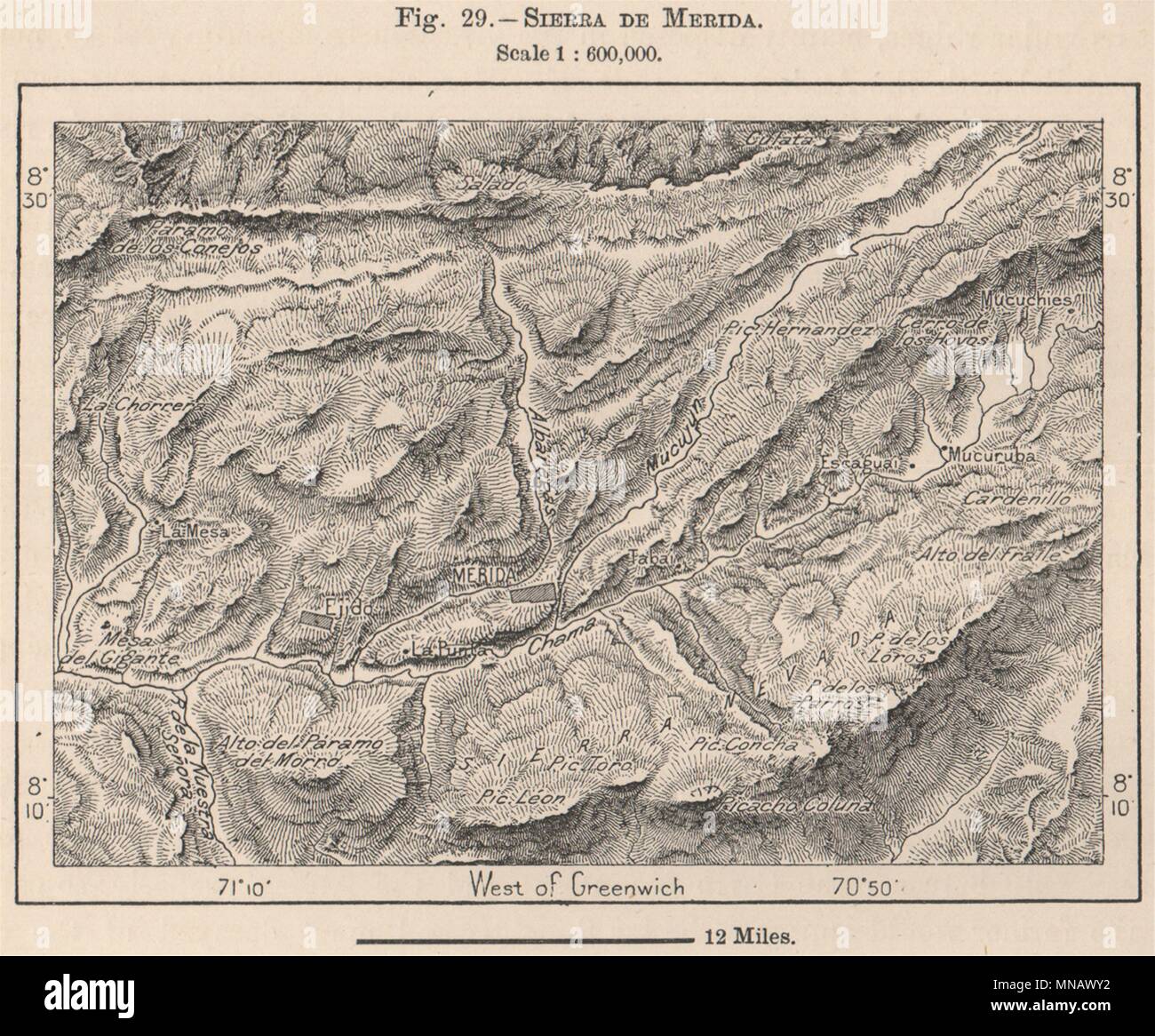 Sierra Nevada de Merida. Venezuela 1885 old antique vintage map plan ...