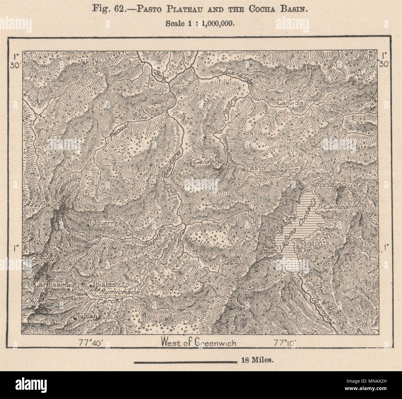 Pasto Plateau & Laguna La Cocha. Galeras volcano. Colombia 1885 old map ...