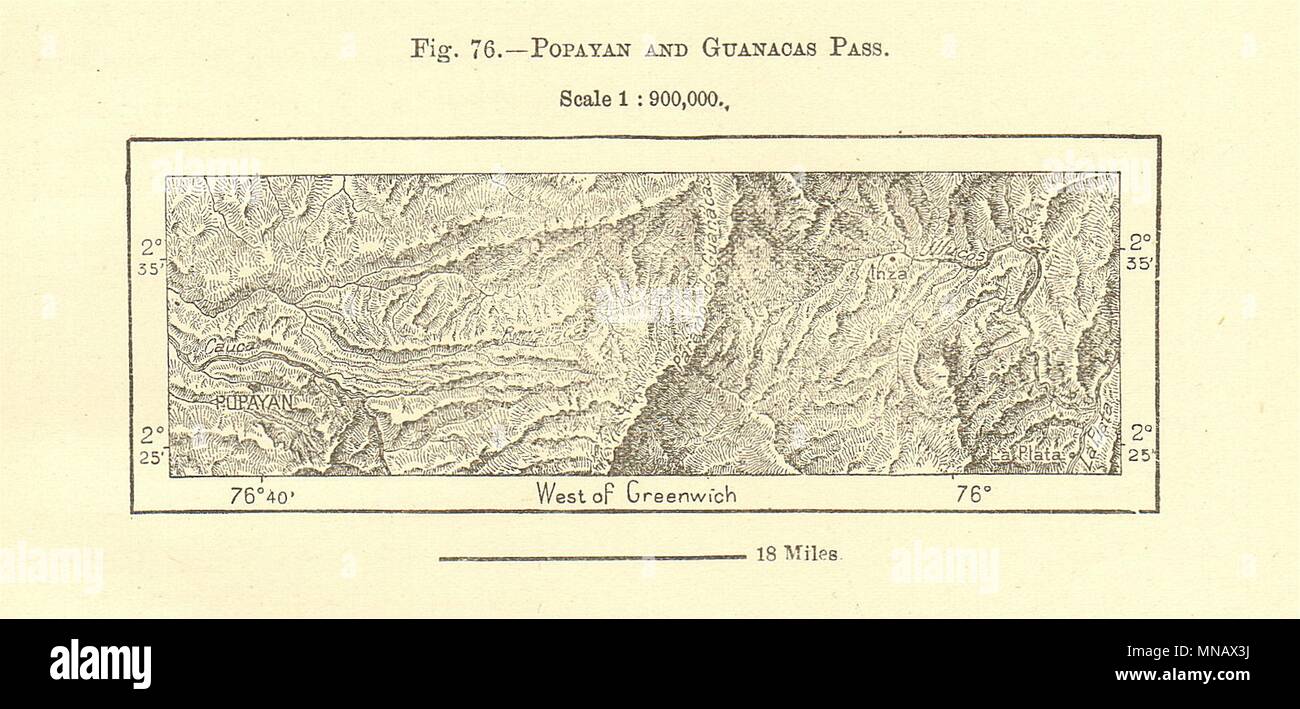 Popayan and Guanacas pass. Colombia 1885 old antique vintage map plan ...