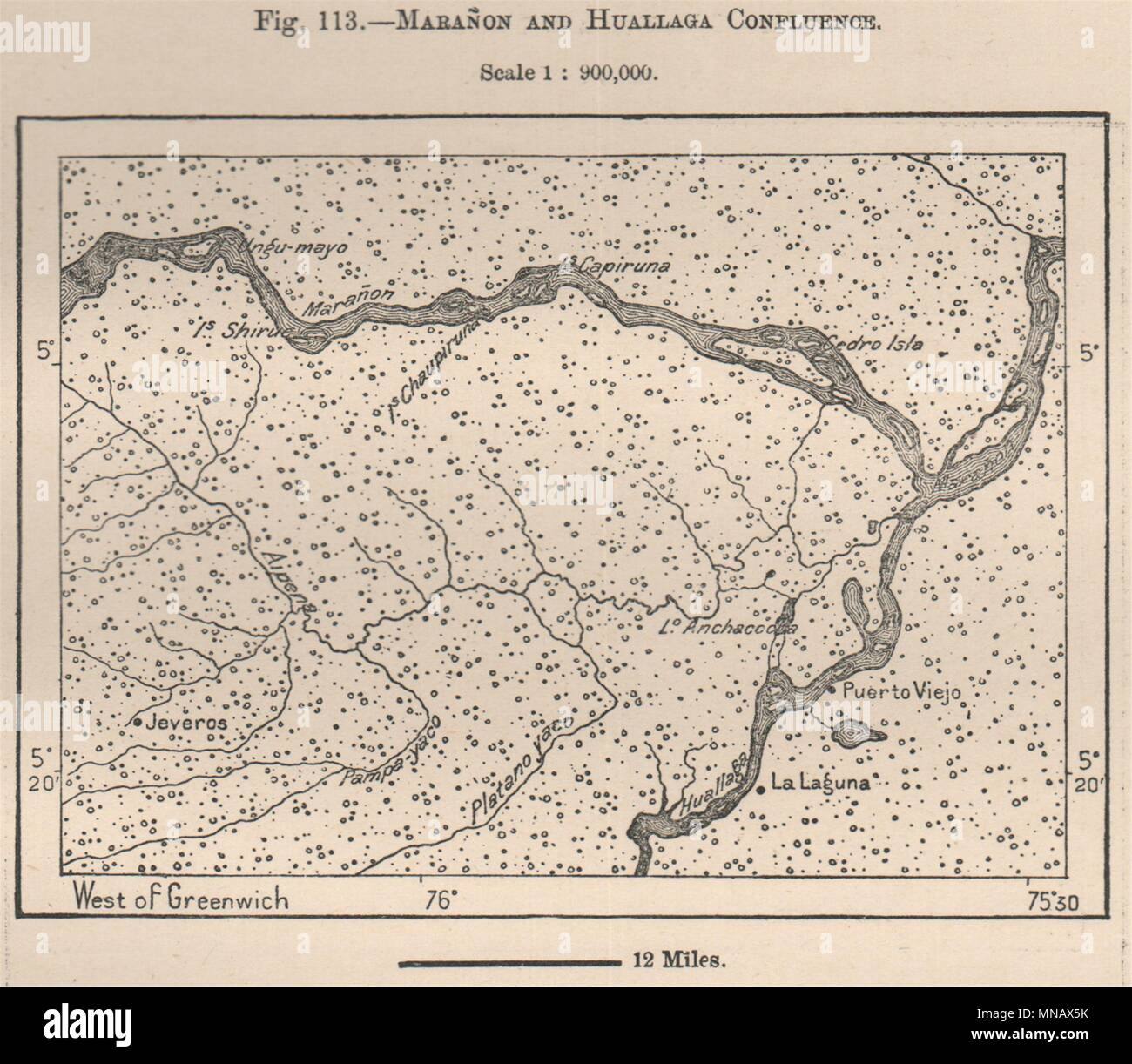 Marañon and Huallaga confluence. Peru 1885 old antique vintage map plan ...