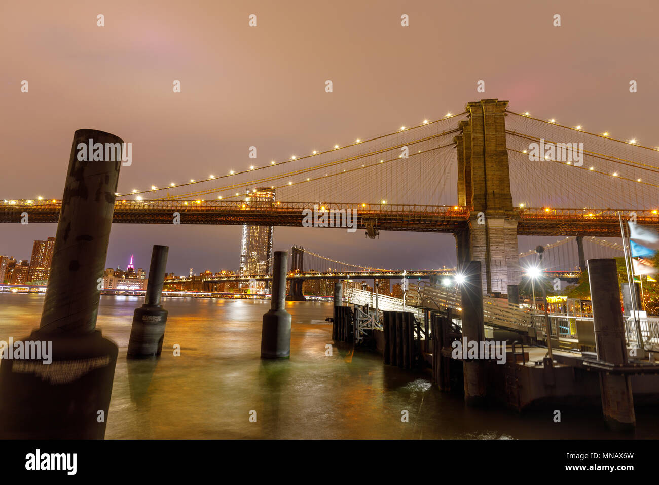 Brooklyn Bridge over hudson river in New York City at sunset Stock Photo - Alamy