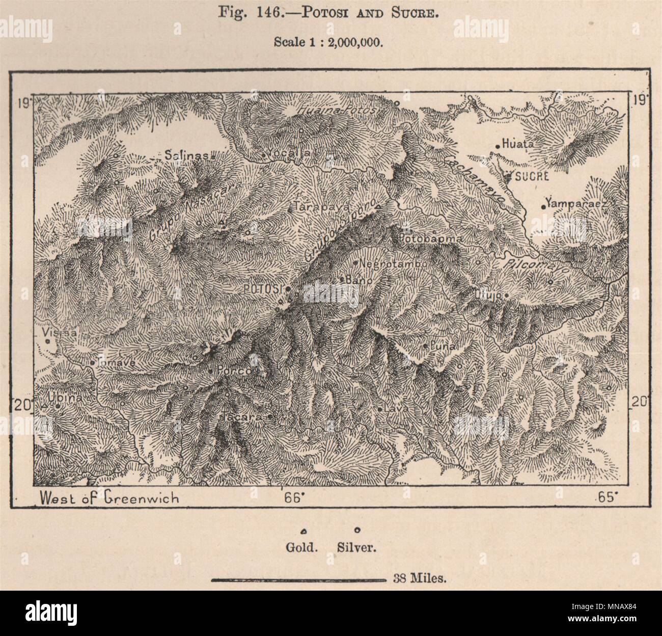 Potosi and Sucre. Bolivia 1885 old antique vintage map plan chart Stock ...