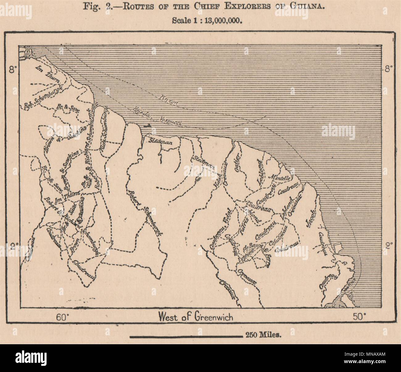 Routes of the chief explorers of Guyana. Brazil Guyana 1885 old antique ...