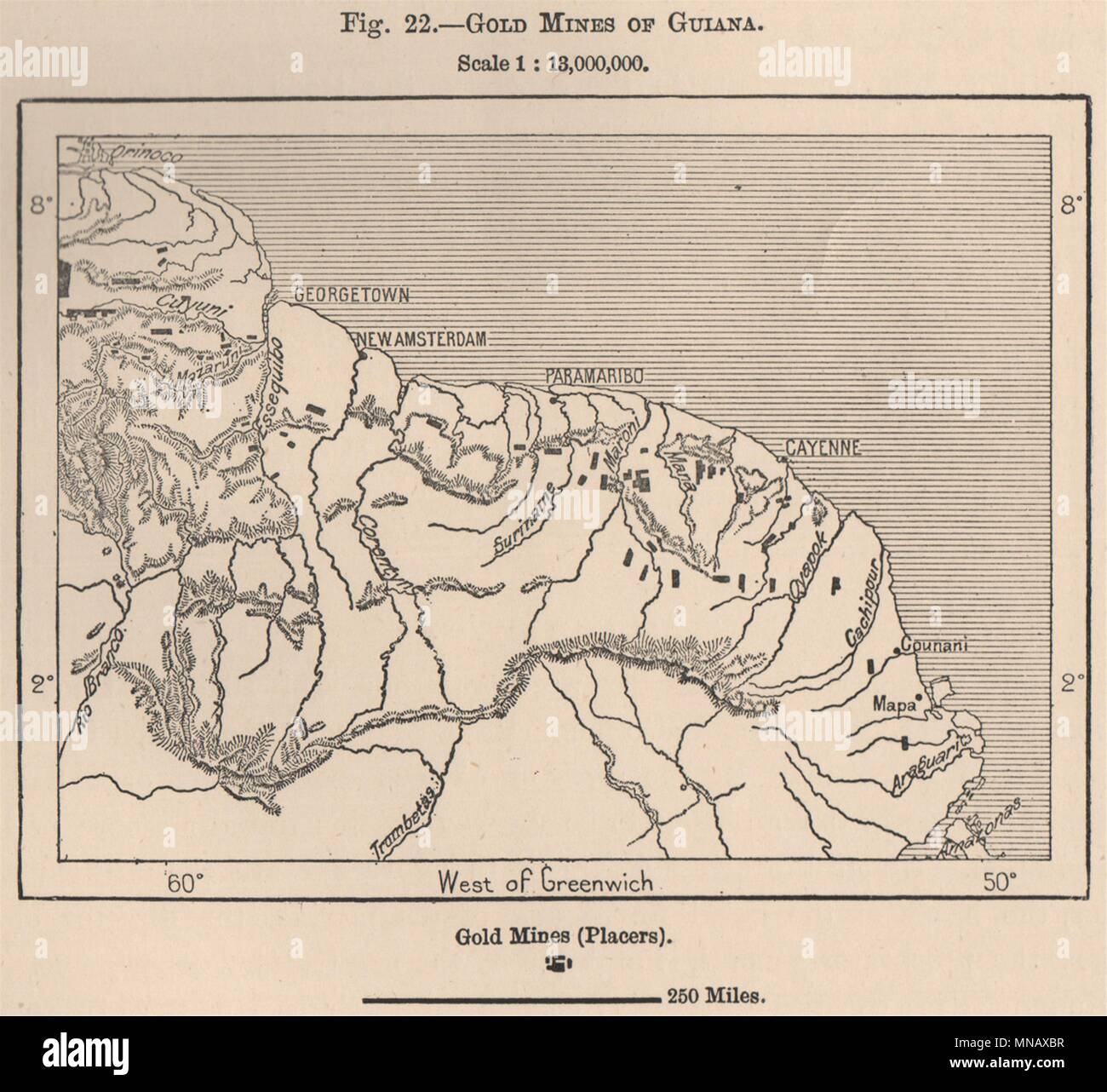 Gold Mines of Guyana. French Dutch British Guiana (Guyana) 1885 map ...