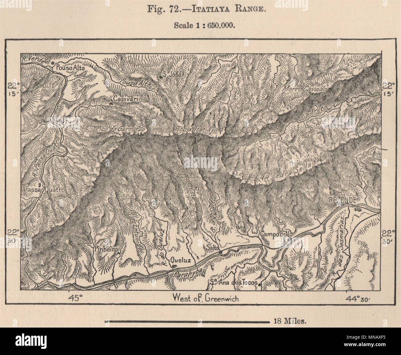 Itatiaia Range & national park. Resende. Brazil 1885 old antique map ...