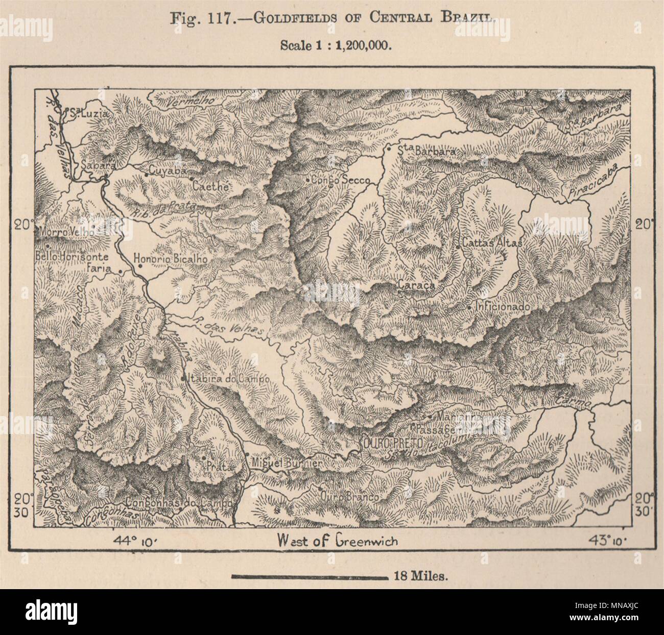 Goldfields of Central Brazil 1885 antique vintage map plan chart Stock ...