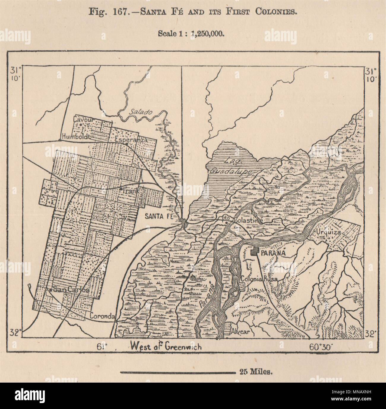 Santa Fe and its first Colonies. Argentina 1885 old antique map plan ...