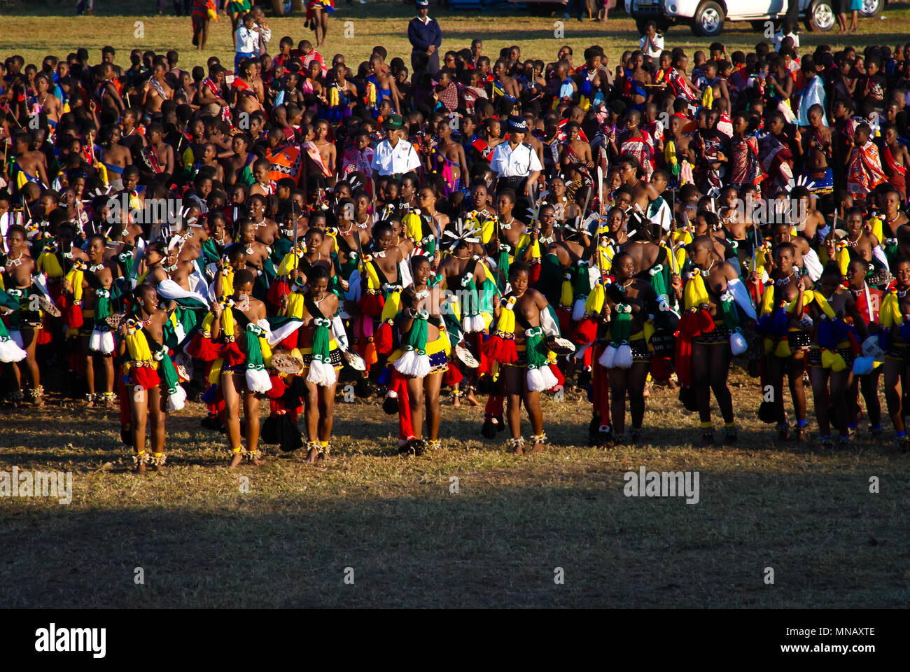 Women in traditional costumes dancing at the Umhlanga aka Reed Dance ...