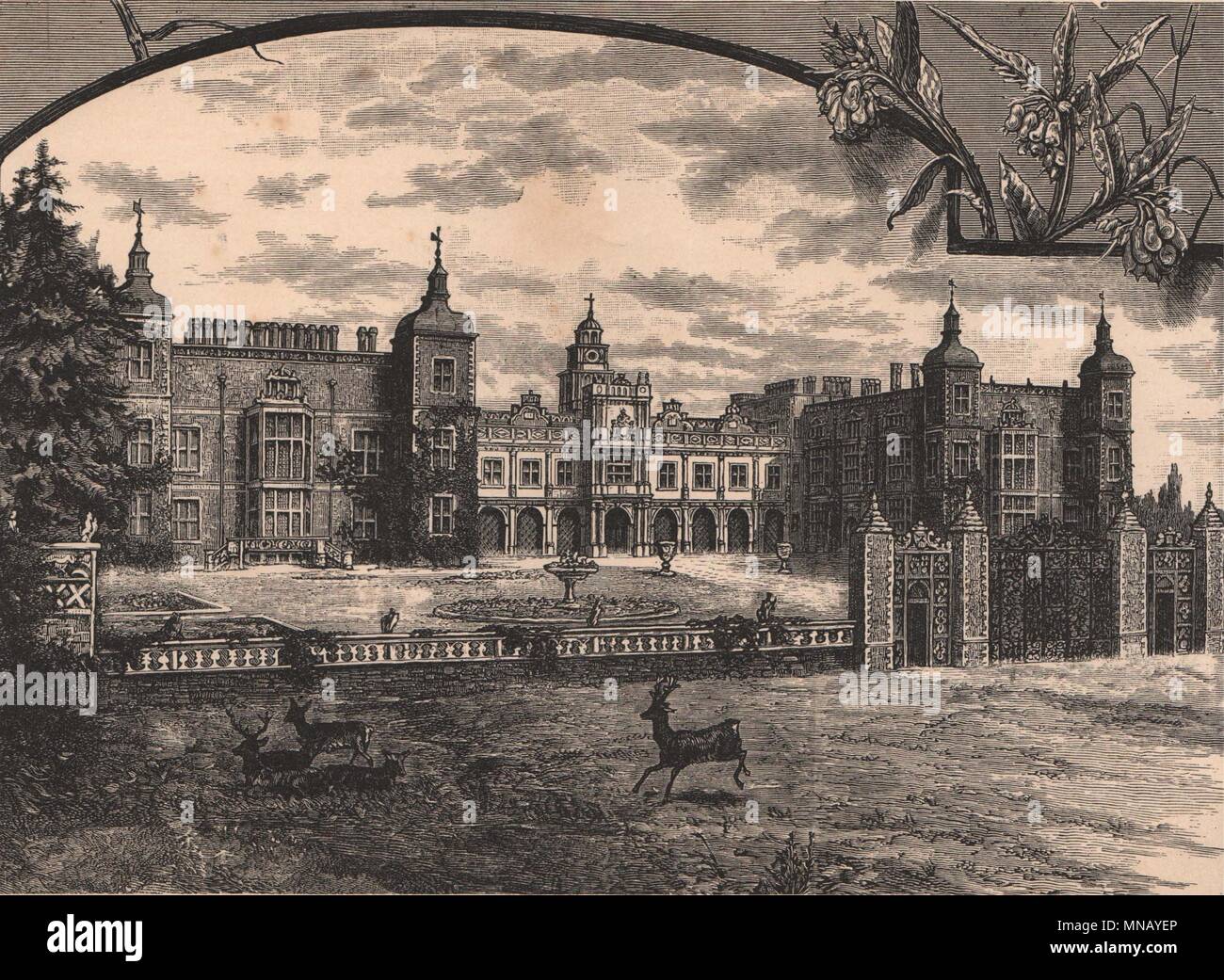 Front of Hatfield House, Hertfordshire 1898 old antique vintage print ...