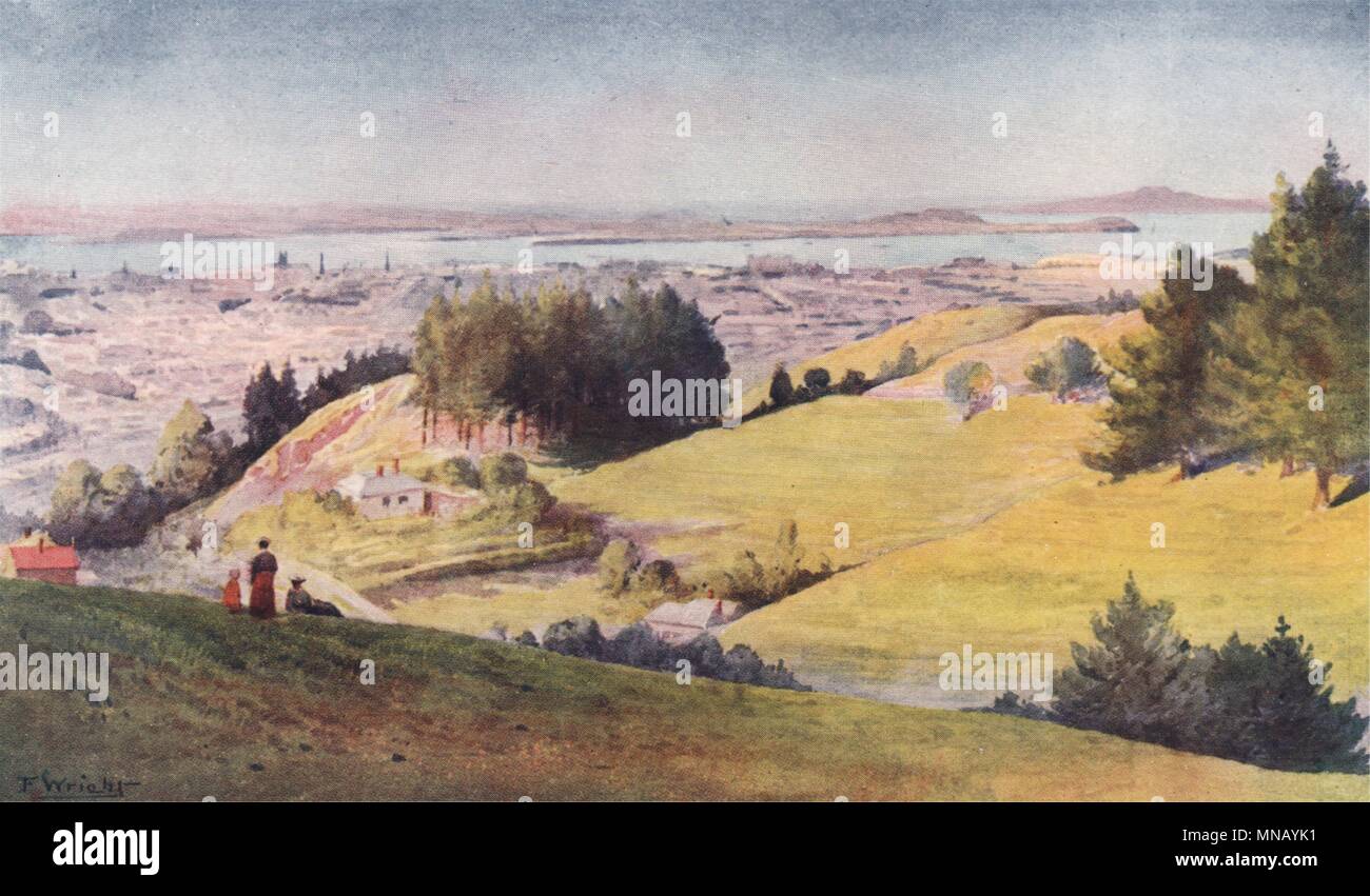 'Auckland' by Frank Wright. New Zealand 1908 old antique vintage print ...