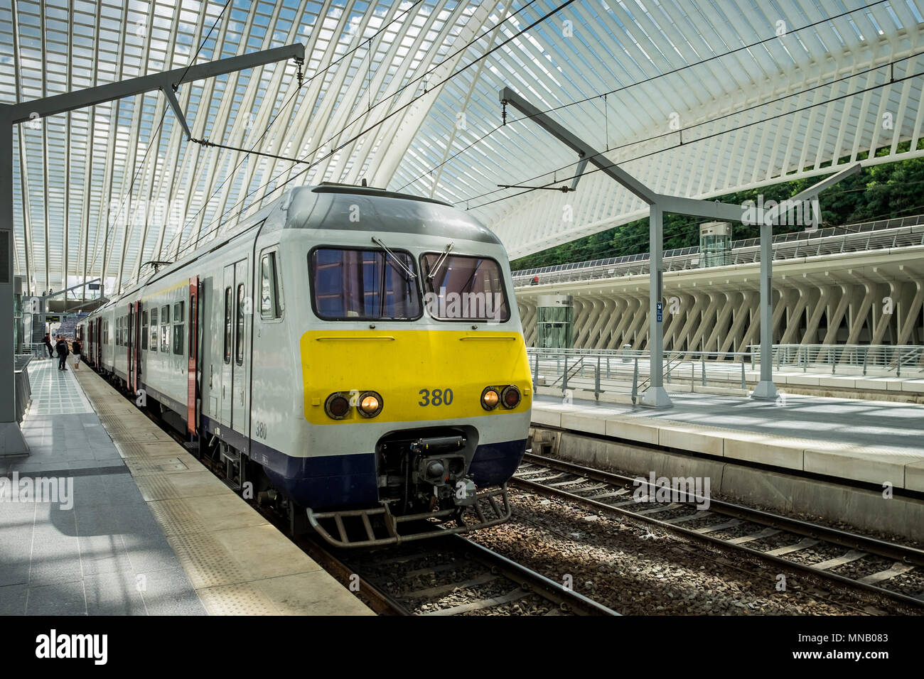 Train in the modern train station of Liege, Sunday 6 August 2017, Liege ...
