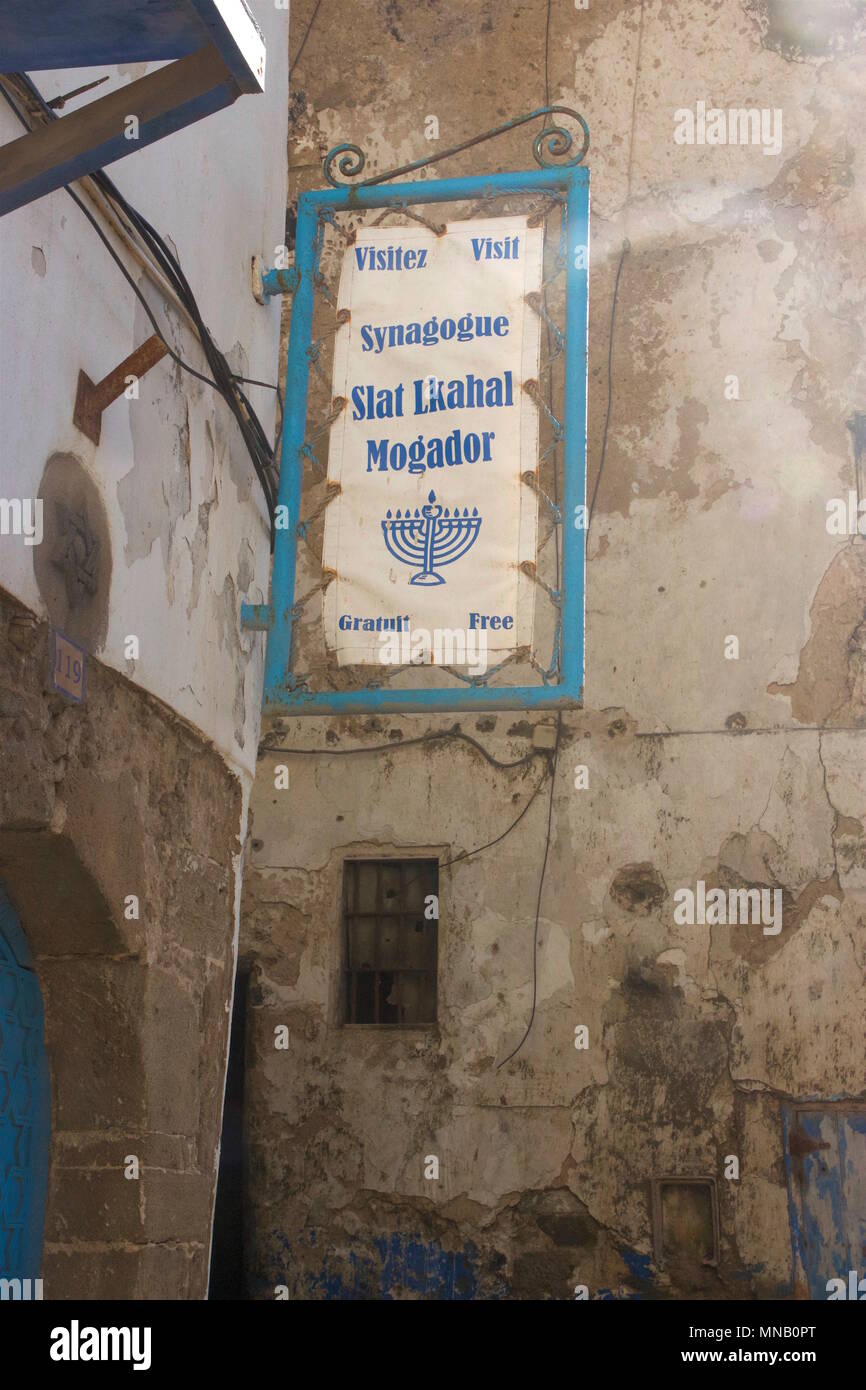 Sign for Slat Lkahal Mogador Synagogue in the Jewish Quarter (Mellah ...