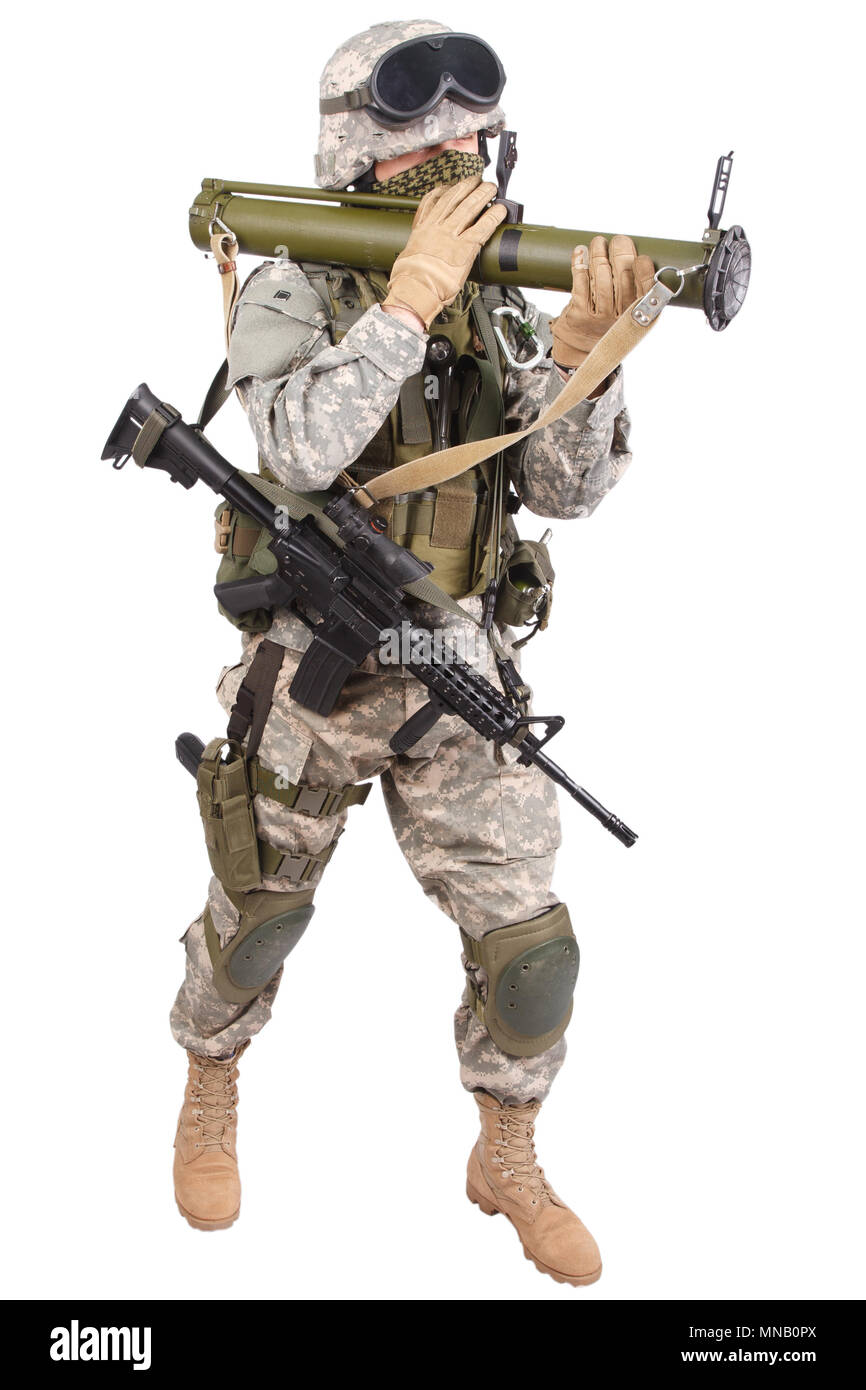 US soldier with anti-tank rocket launcher on white background Stock ...