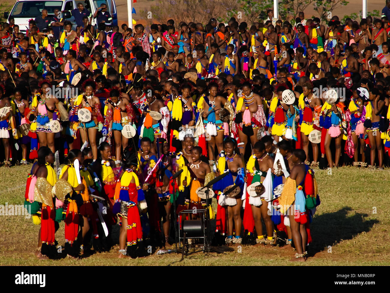 Women in traditional costumes dancing at the Umhlanga aka Reed Dance ...