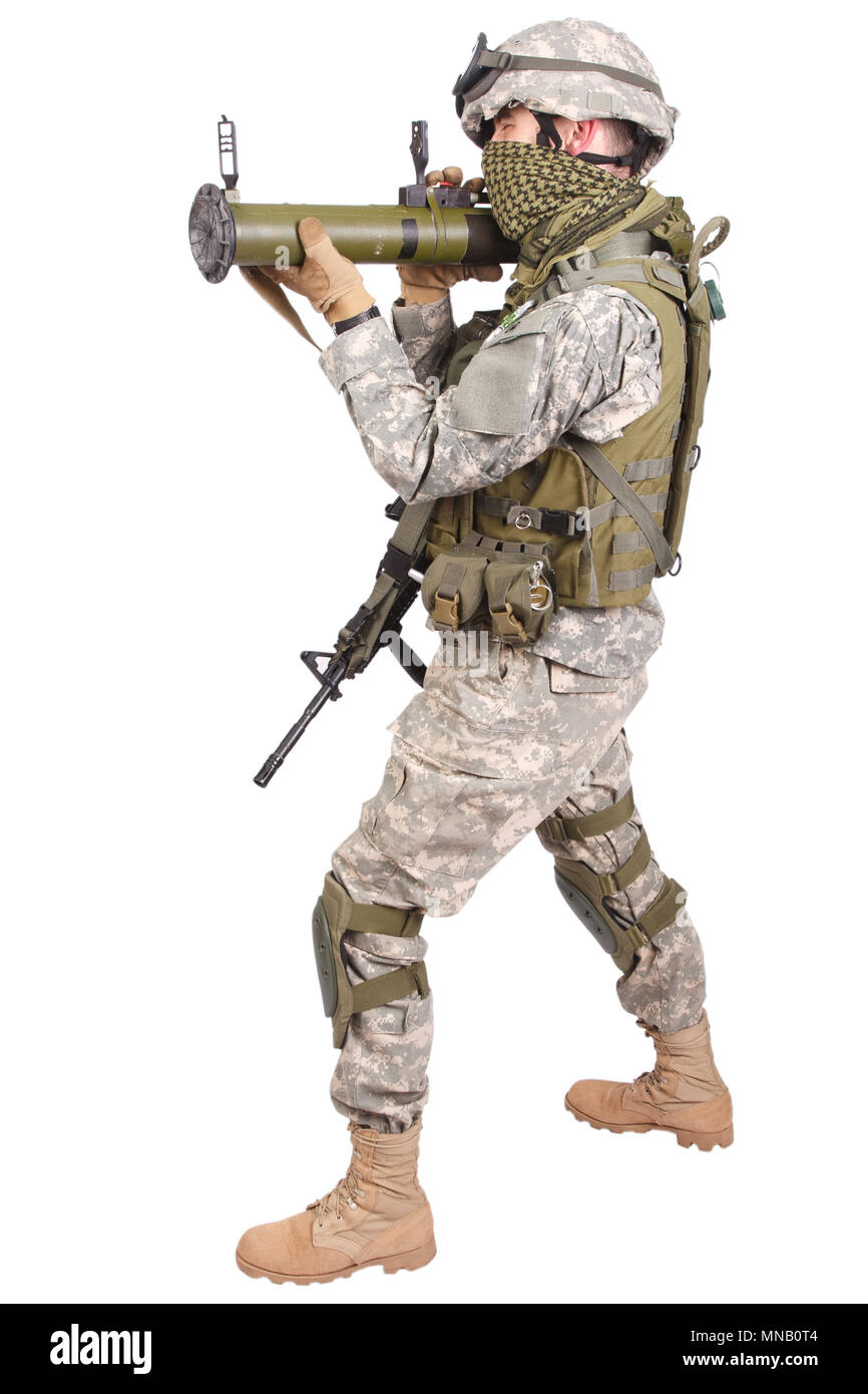 US soldier with anti-tank rocket launcher on white background Stock ...